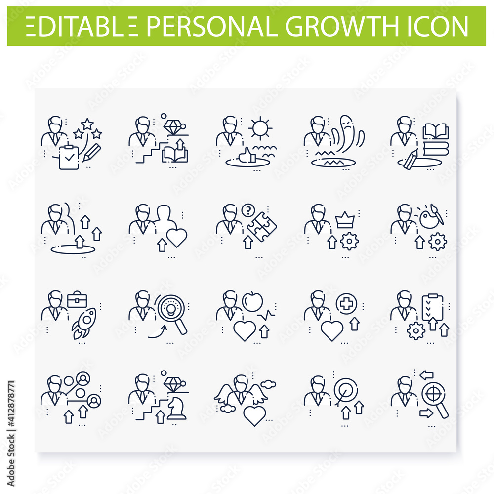 Personal growth line icons set. Consists of self knowledge, enhancing ...