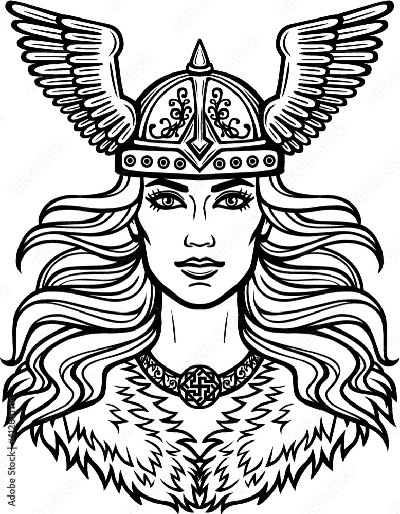 Portrait of the beautiful young woman Valkyrie in a winged helmet ...