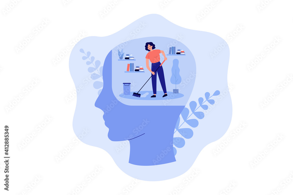 Tiny person cleaning space inside human head, moping floor. Person ...