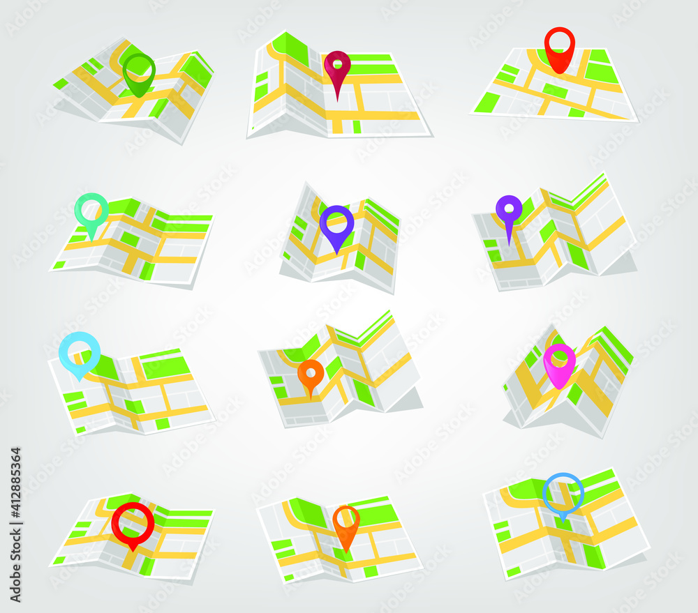 Geolocation with location icons on the map. Travel signs. Maps with ...