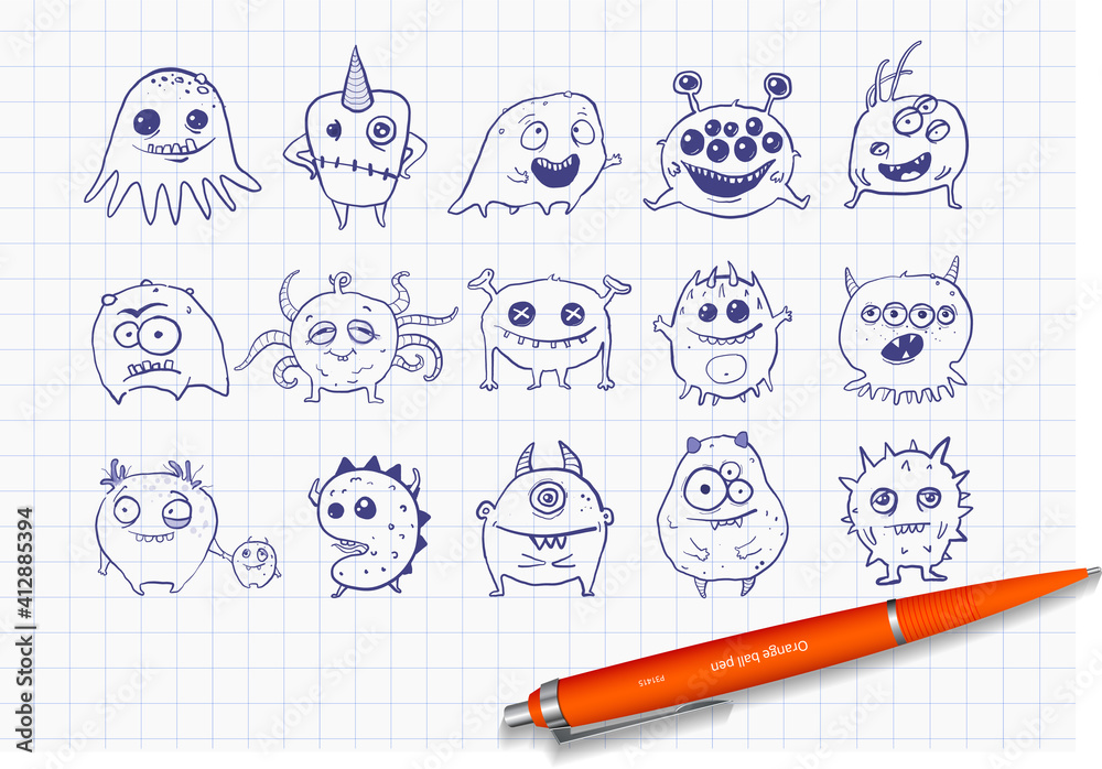 Collection of blue pen sketch cute doodle monsters on lined paper ...