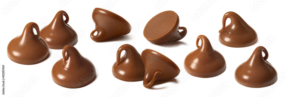 Milk chocolate drops or chips set isolated on white background Stock ...