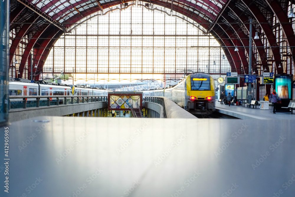 Antwerp, Belgium - Anno 2019: The train is waiting at the platform for ...