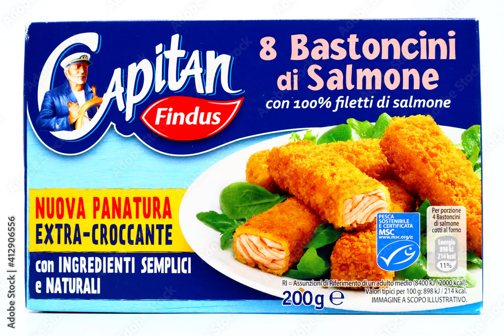 Italy – February 11, 2021: Captain FINDUS Fingers Salmon in Crispy ...
