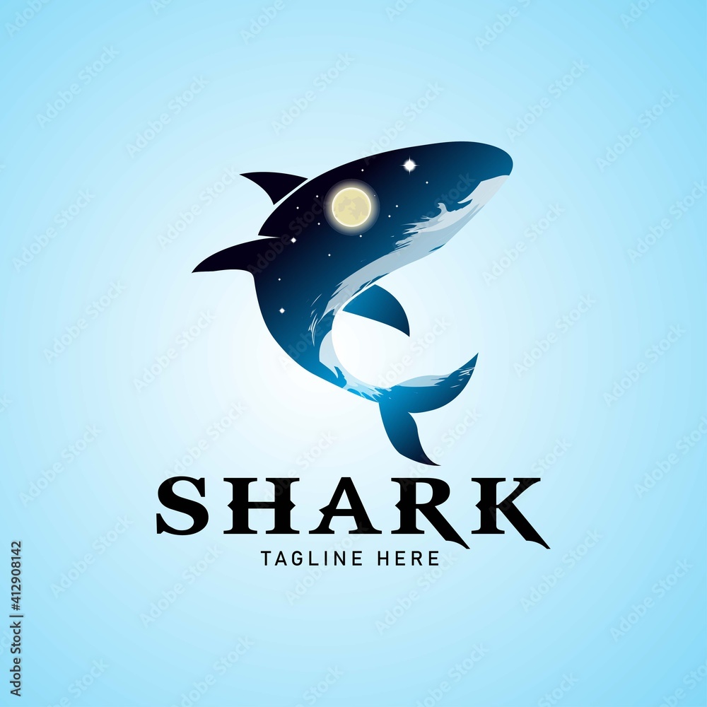 Shark logo with Under water background with moon rays. Deep Ocean ...