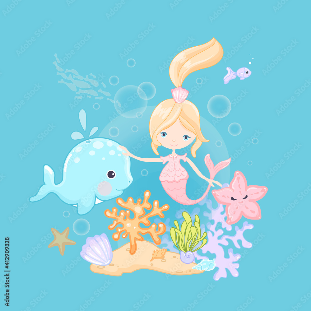 Cute little mermaid and whale vector clip art on blue ocean background ...