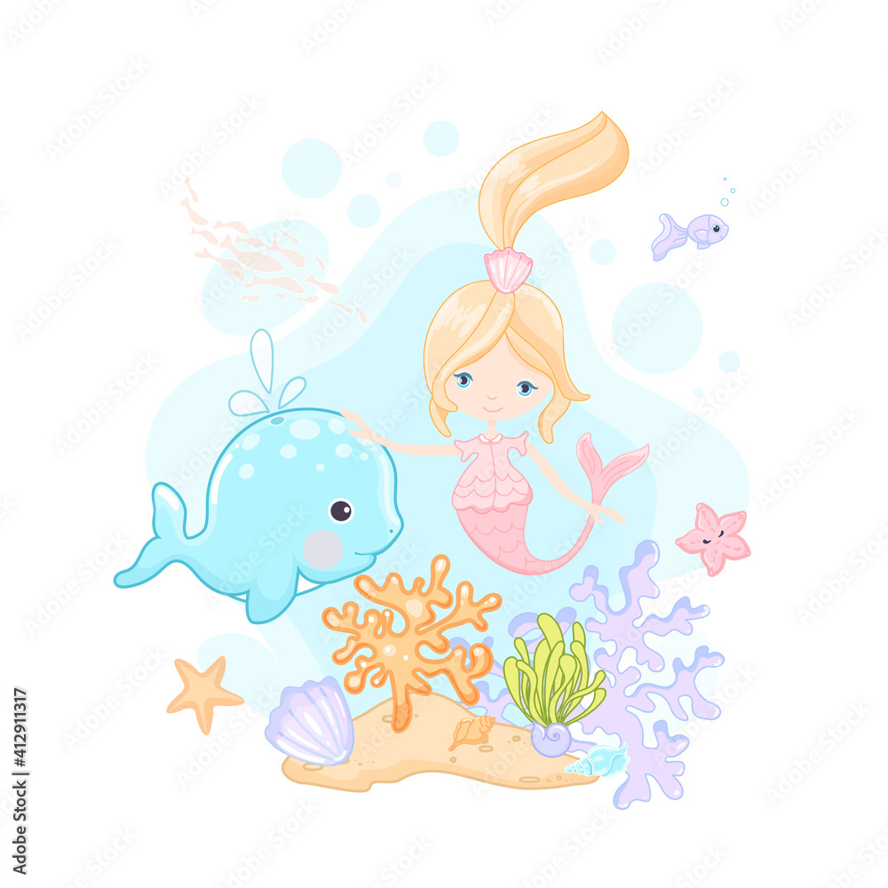 Cute little mermaid and whale vector clip art on white background Stock ...