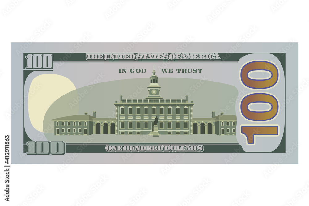 One hundred dollar bill, new design. 100 US dollars banknote, reverse ...