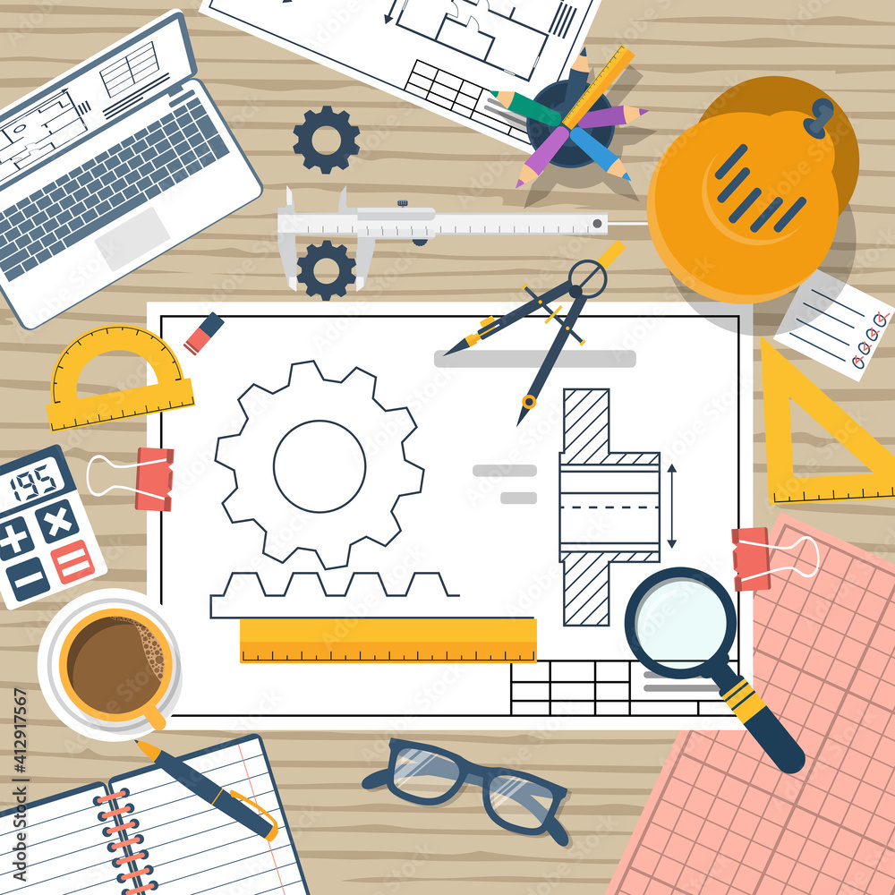 Engineering drawing, technical scheme.Sketching gear, project. Engineer ...