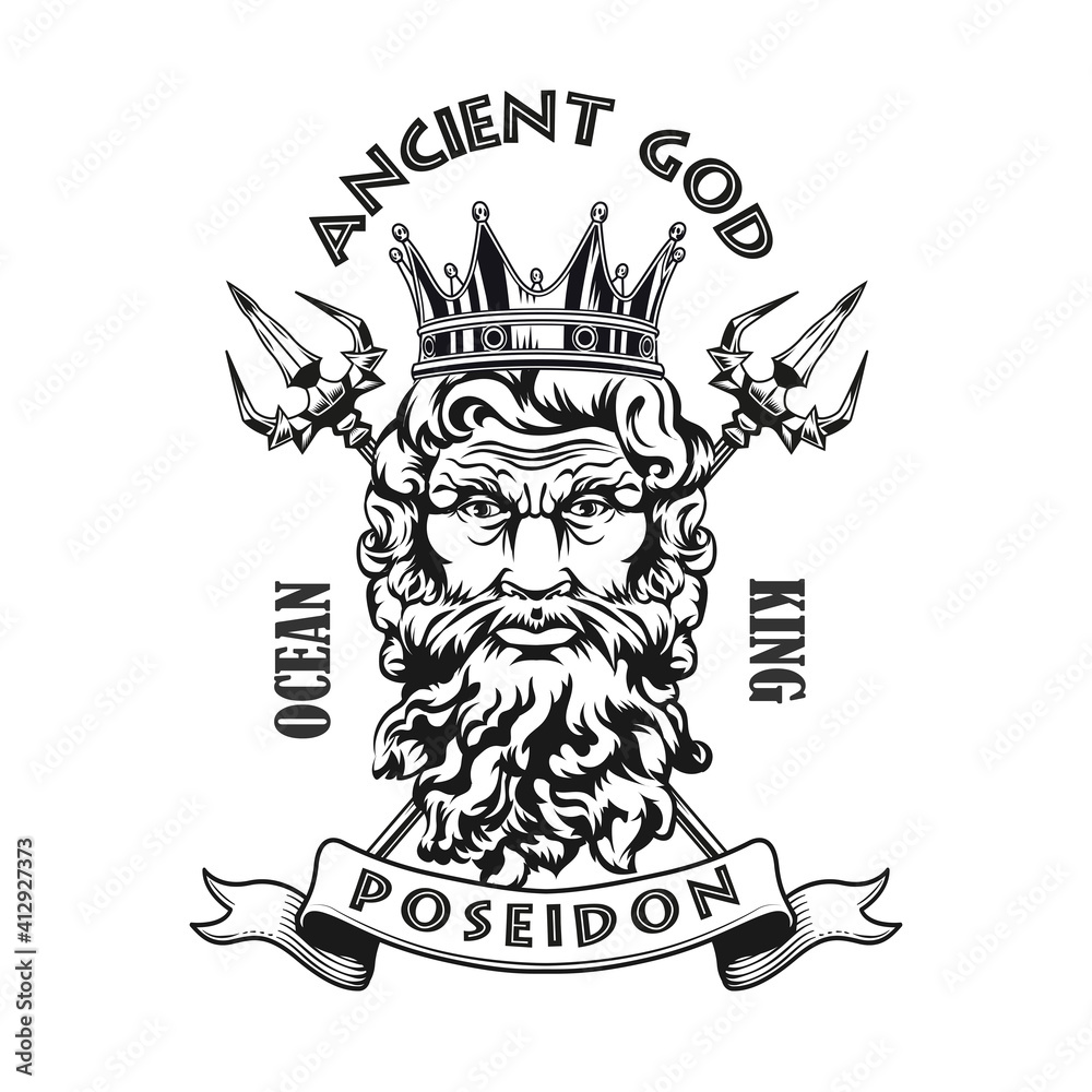 Poseidon head emblem design. Monochrome element with god of sea in ...