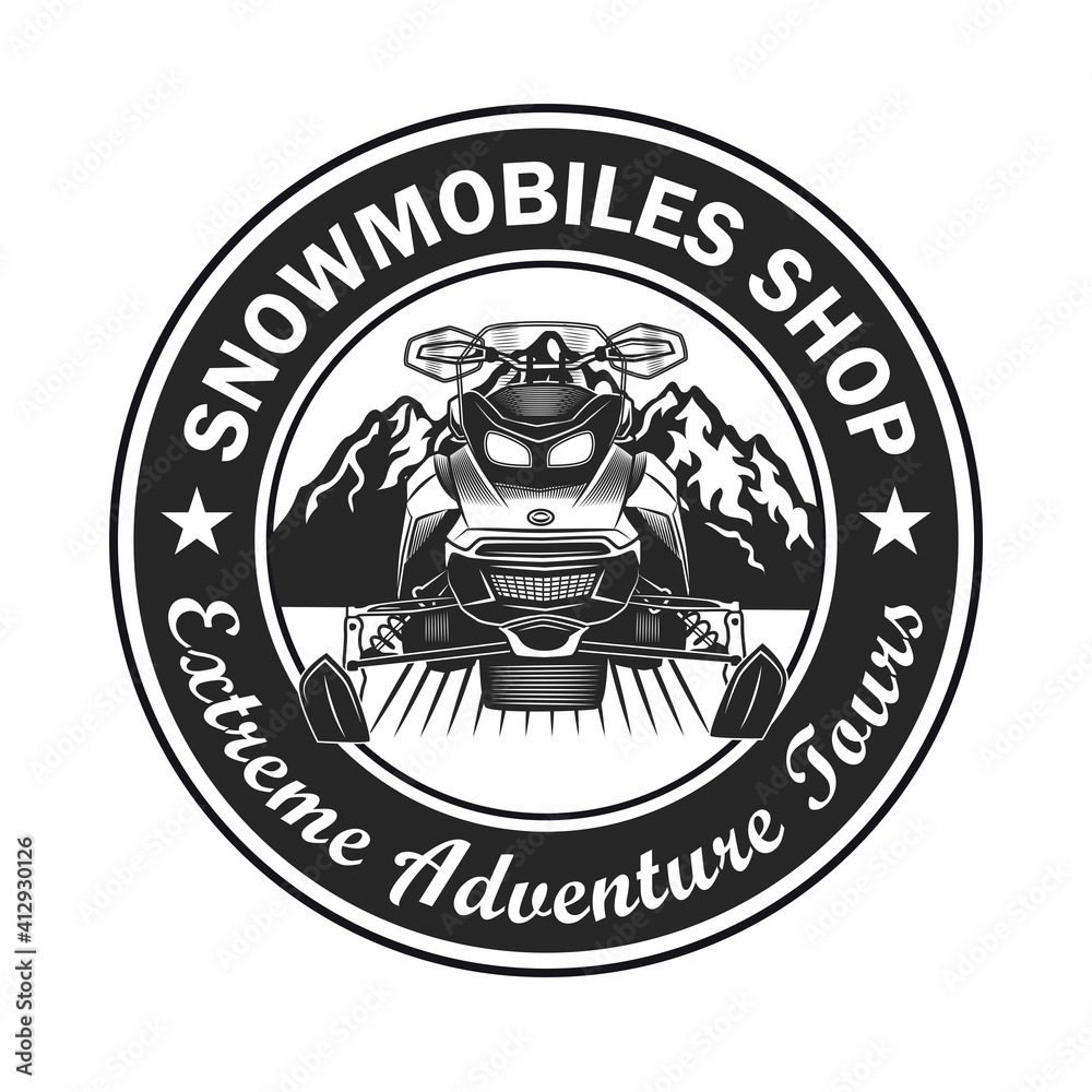 Retro badge for snowmobile shop vector illustration. Monochrome label ...