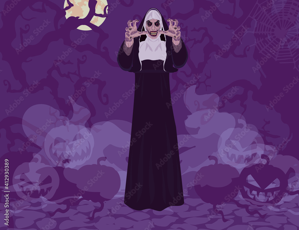 Nun Halloween thematic abstract background, old lady possessed by the ...
