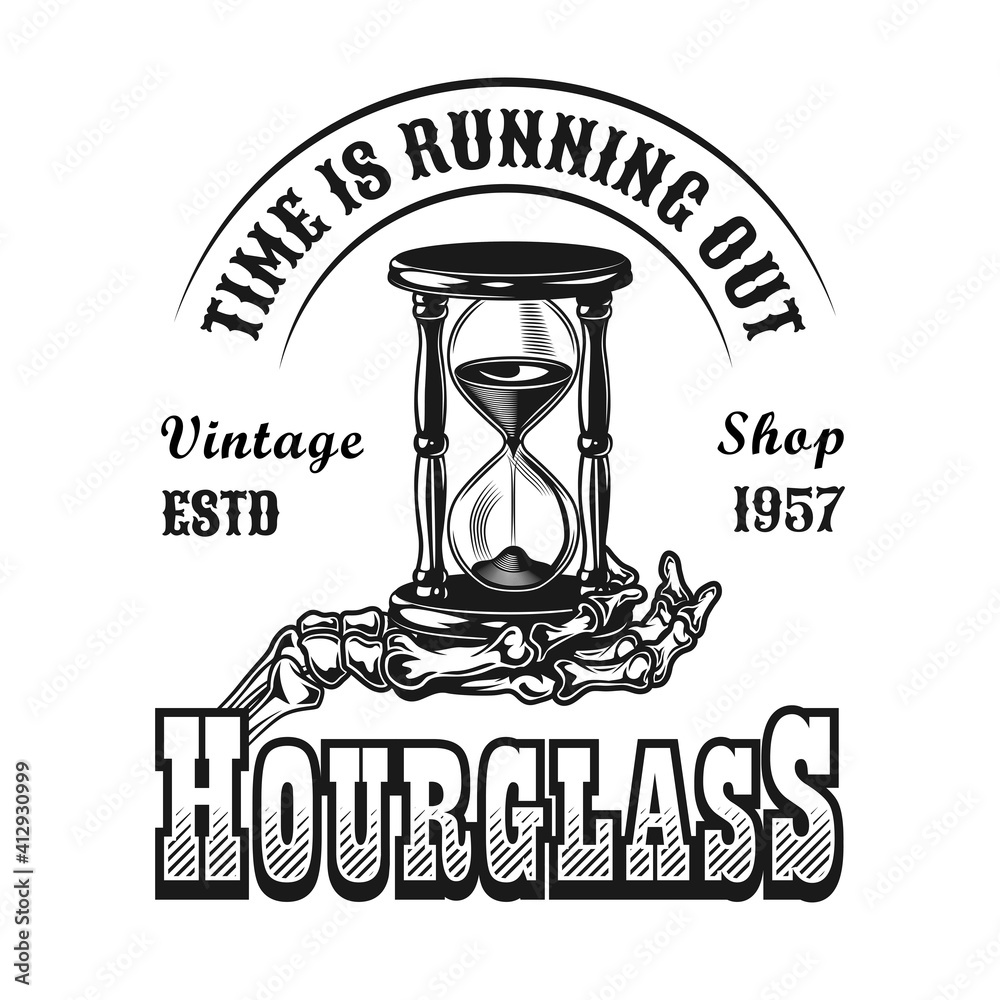 Hourglass emblem design. Monochrome element with sandglass on skeleton ...