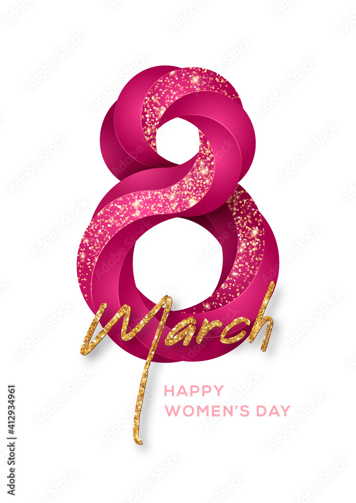 March 8 purple symbol 3d art style with glittering texture gold pattern ...