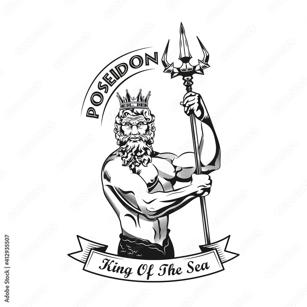 Poseidon emblem template. Monochrome element with god of sea in crown ...