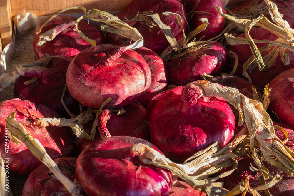 Red onion with long tails. Vegetables background texture. Advertisement ...