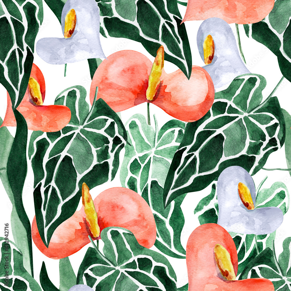 Tropical plant anthurium crystal watercolor seamless pattern. Template ...