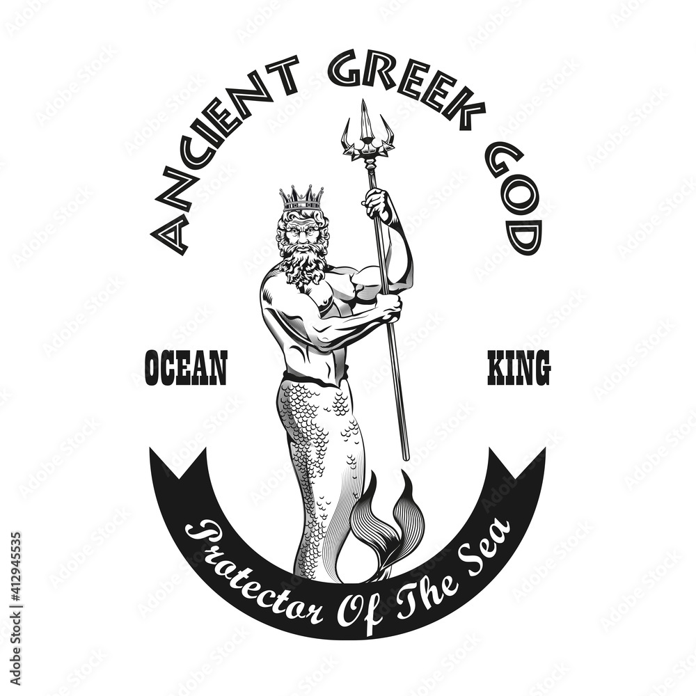 Vecteur Stock Poseidon emblem design. Monochrome element with god of ...