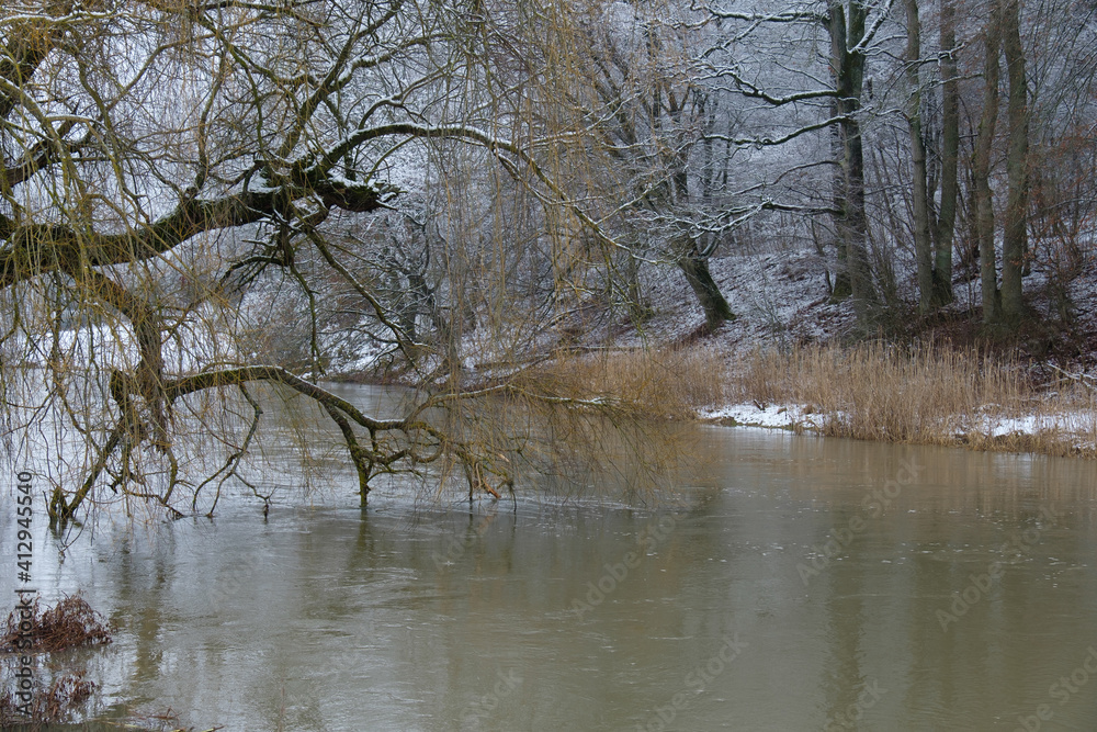 Eine schöne winterliche Flußlandschaft mit Ästen von Bäumen, die ins ...