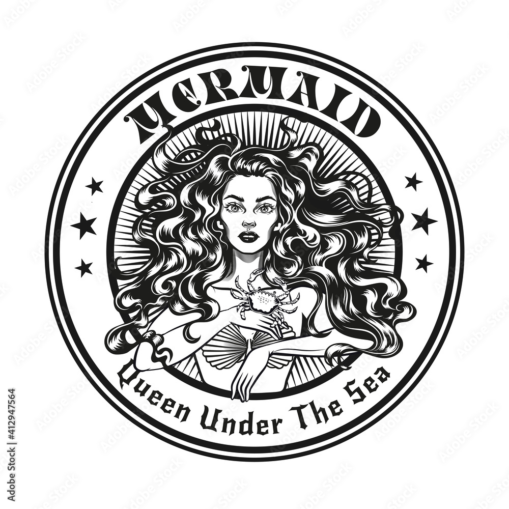 Mermaid emblem or stamp design. Monochrome element with girl in ...