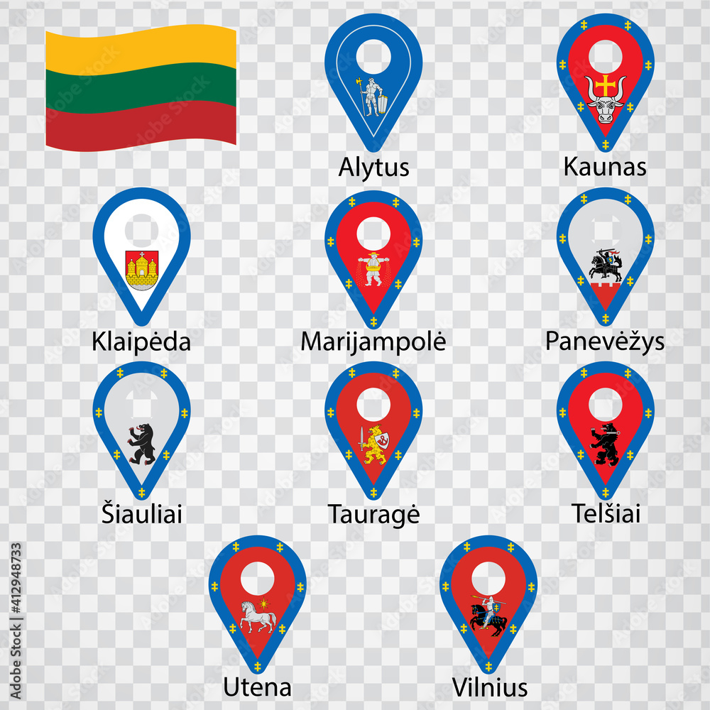 Ten flags the Counties of Lithuania - alphabetical order with name. Set ...