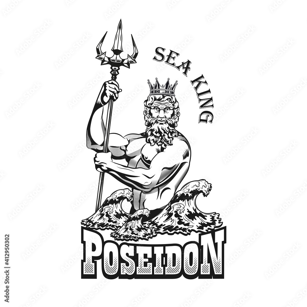 Fototapeta Poseidon tattoo template. Monochrome element with god of sea ...