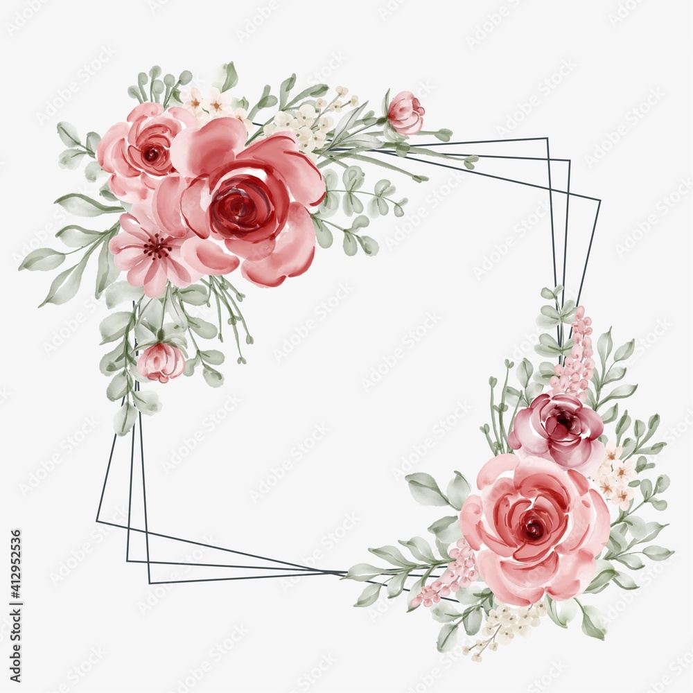 watercolor floral frame with square line border Stock Vector | Adobe Stock