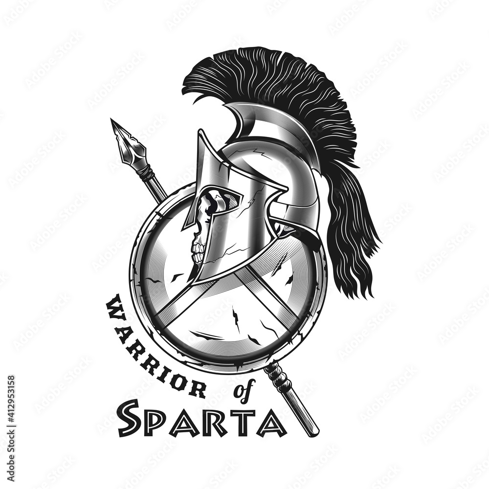 Spartan skull emblem design. Monochrome element with Rome fighter ...