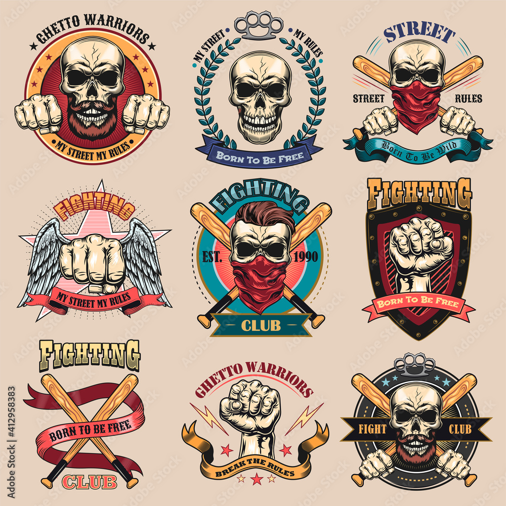 Vintage gangsta tattoo flat emblems set. Black monochrome labels or ...