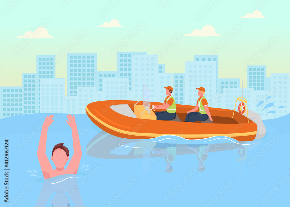 Coast guards flat color vector illustration. Helping people in water ...