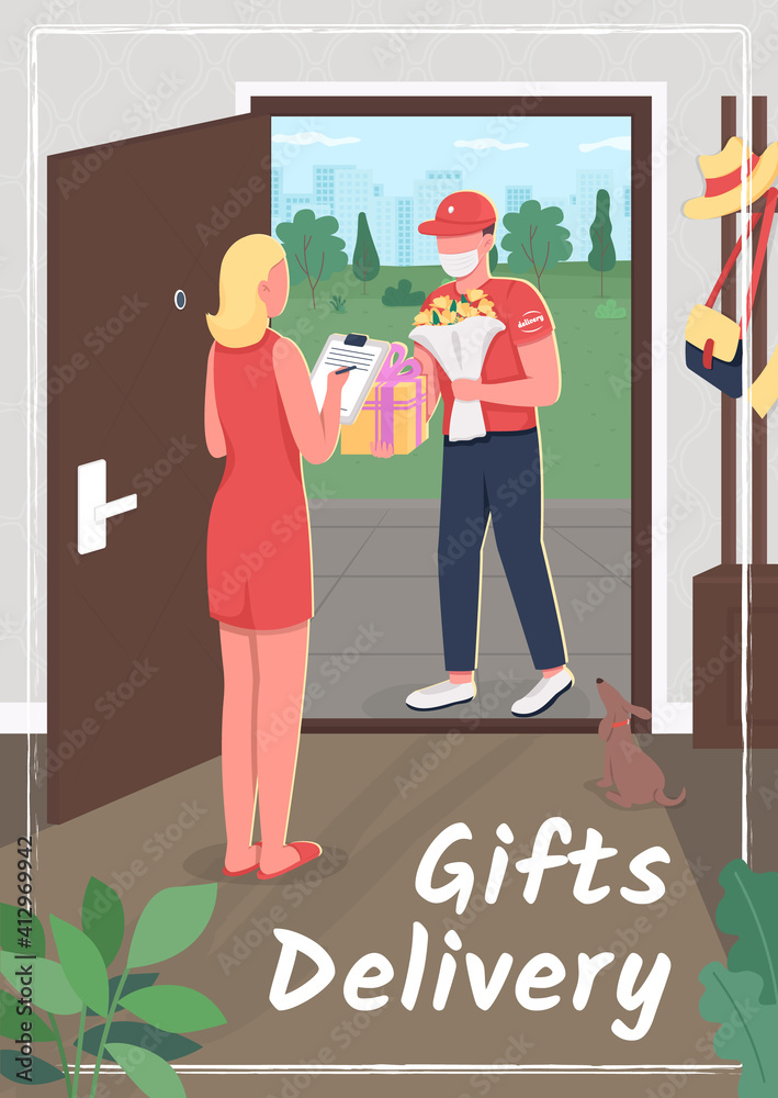 Gifts delivery poster flat vector template. Sending special birthday ...