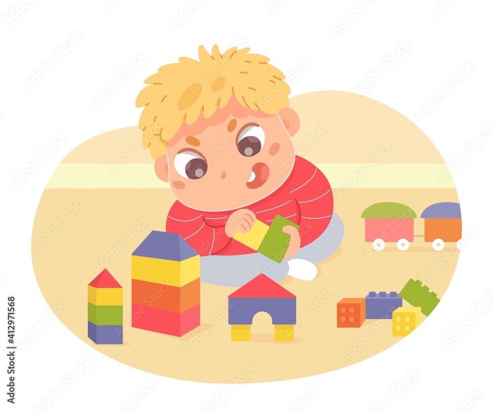 Boy playing with building blocks at home. Little child with game ...