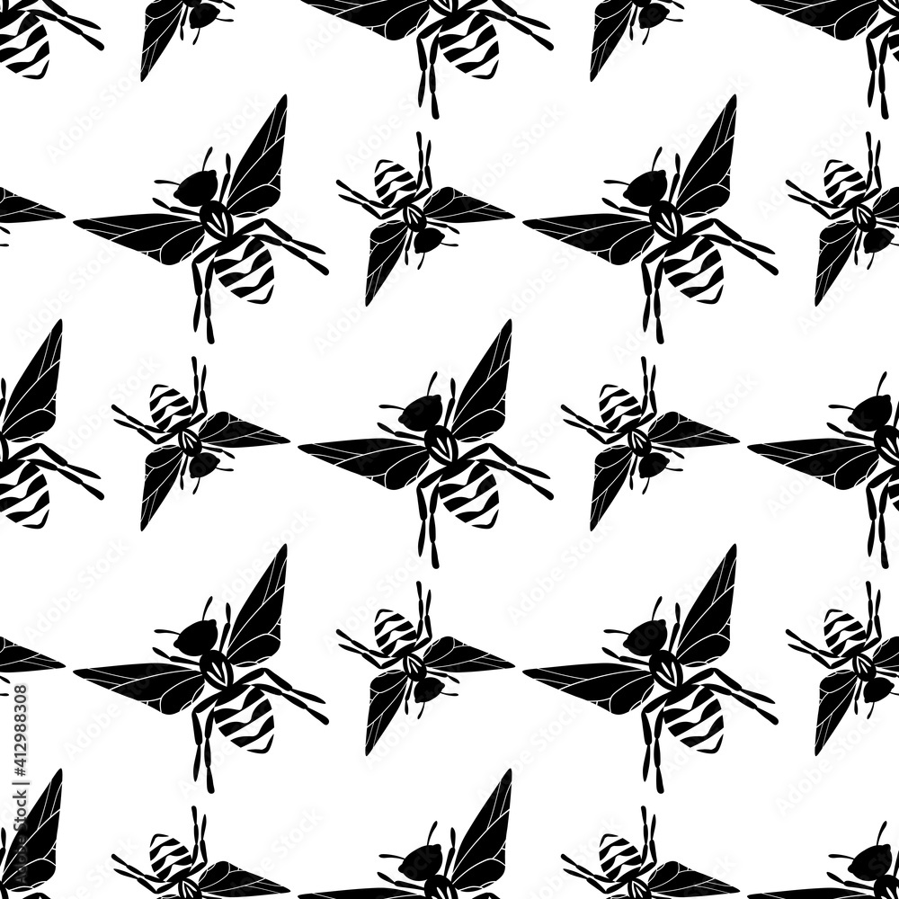 Seamless pattern with bees silhouette on white background. Adorable ...