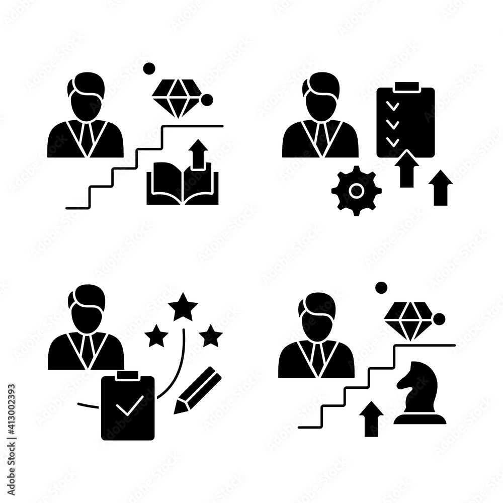 Personal growth glyph icons set. Consists of self knowledge, enhancing ...