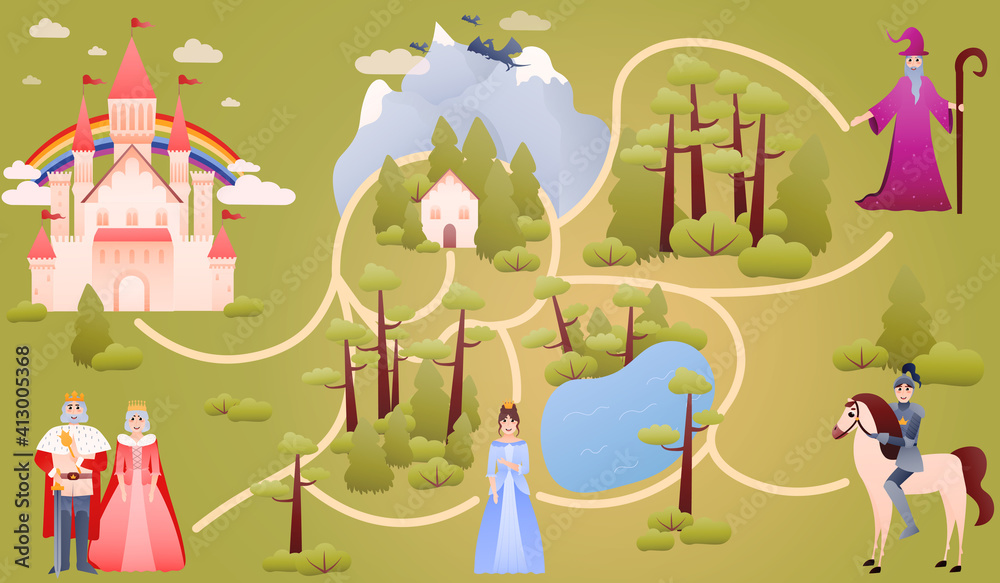 Vetor de Fairy tale world map with knight, royal family - king, queen ...