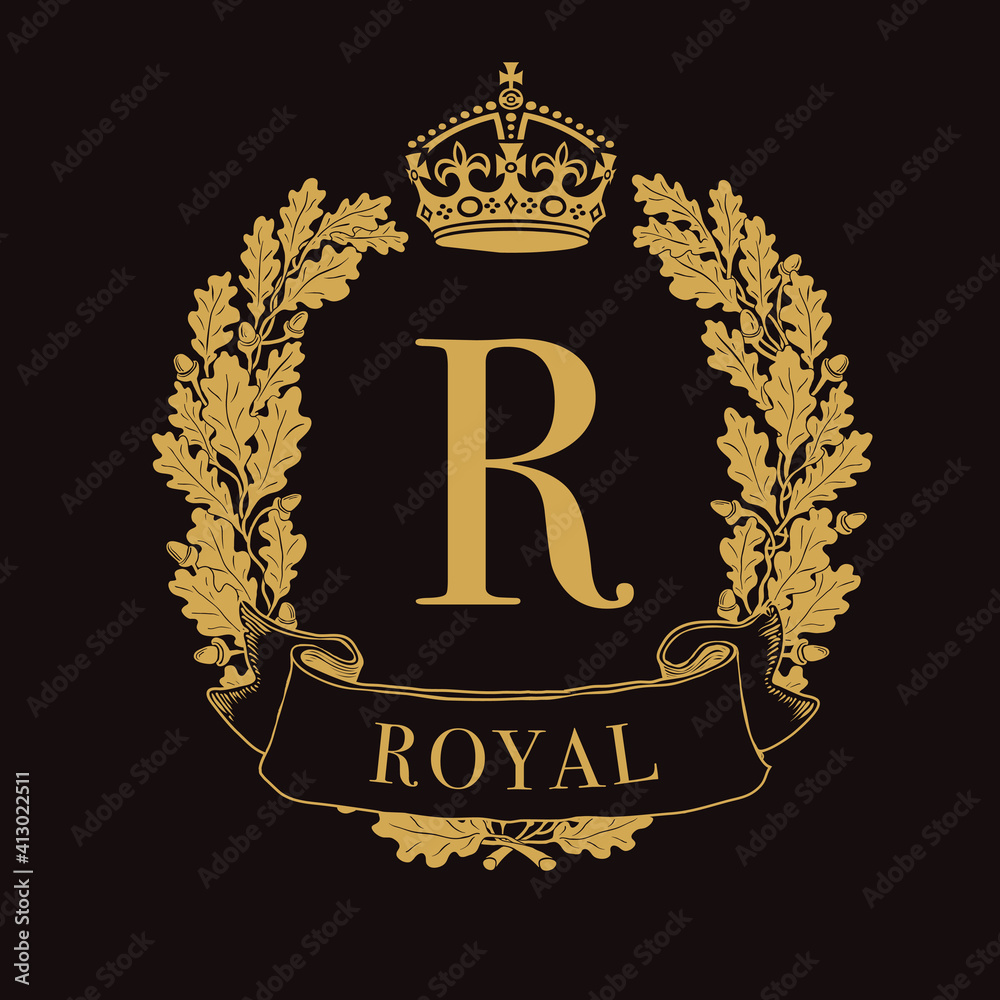 Royal coat of arms - heraldic golden emblem shield with crown and oak ...