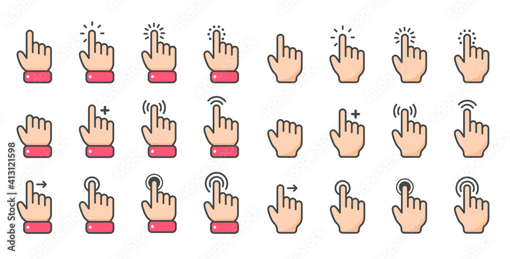 Vector cartoon finger mouse cursor in various gestures for mobile touch ...