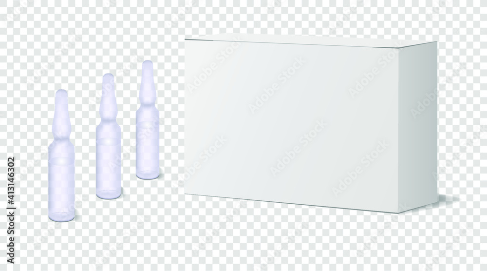 Realistic ampoules with medicine, vaccine, next to cardboard packaging ...