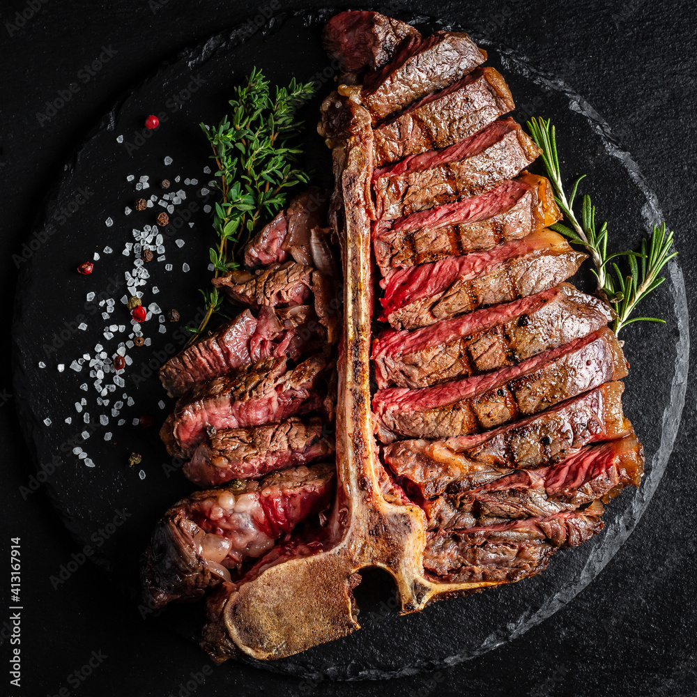 Barbecue Wagyu T-Bone Steak sliced. porterhouse grilled beef steak ...