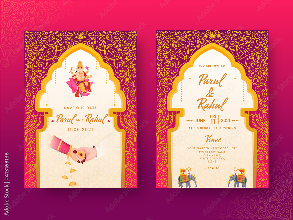 India Wedding Invitation Card With Couple Hands And Venue Details In ...