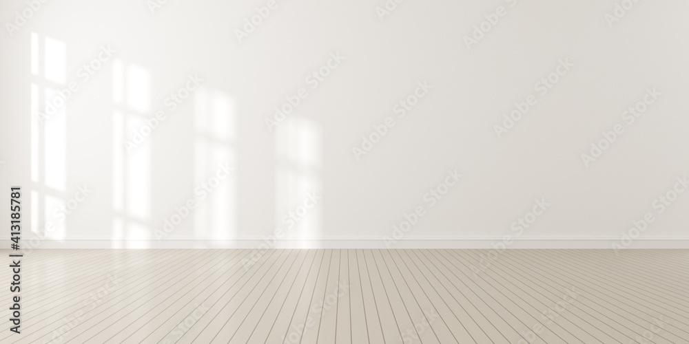 3d render of modern empty room with wooden floor and large white plain ...