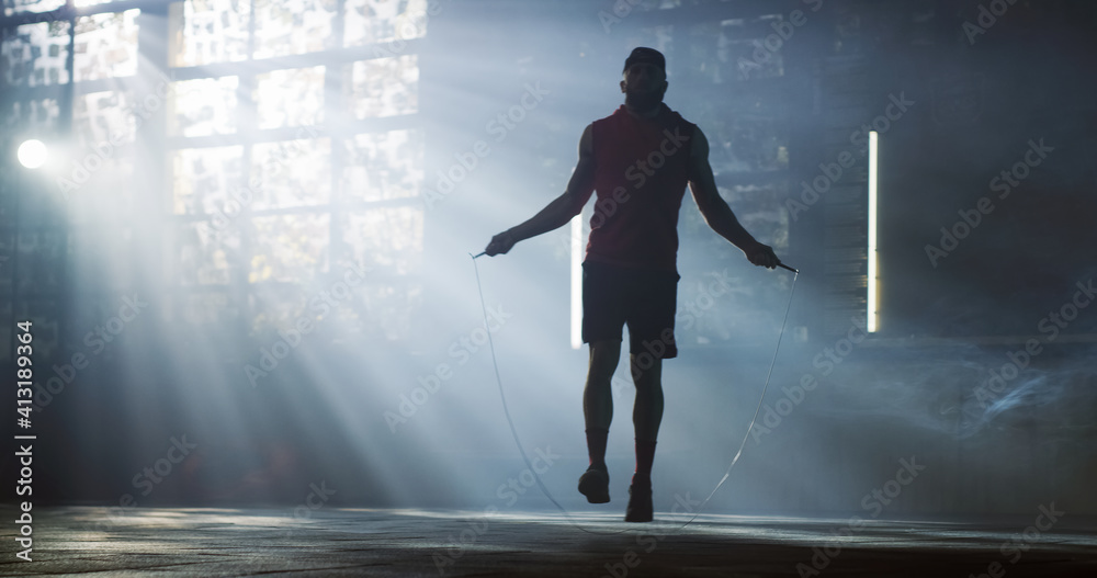 Strong Muscular Male Bodybuilder Shirtless Closeup Jump Rope Exercises ...