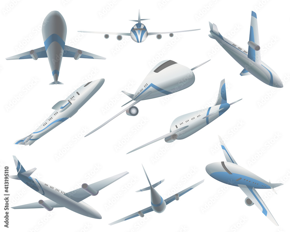 Set of airplanes in different positions for commercial aviation fleet ...