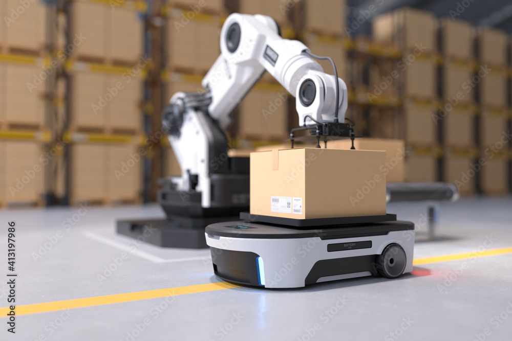 The Robot arm picks up the box to Autonomous Robot transportation in ...