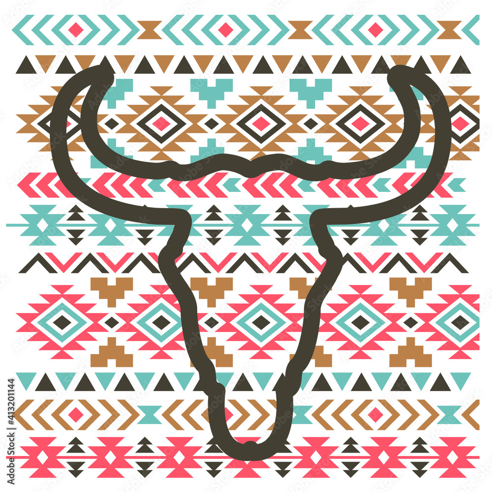 Cow skull silhouette with vintage traditional aztec ornament on head ...