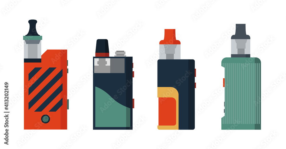 Vape set. Different design pod mods. E-cigarette for vaping. Hipster ...