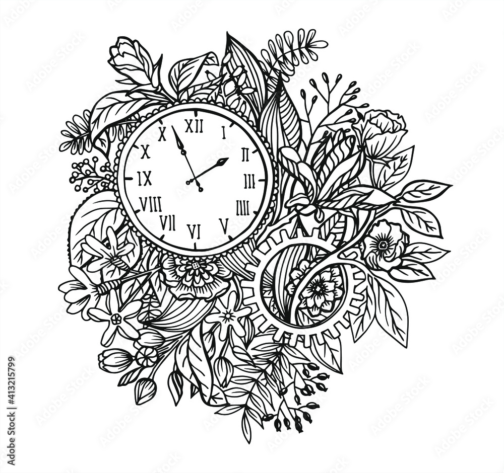 Time passes and nature lives on. Hand drawn retro clock in branches of ...