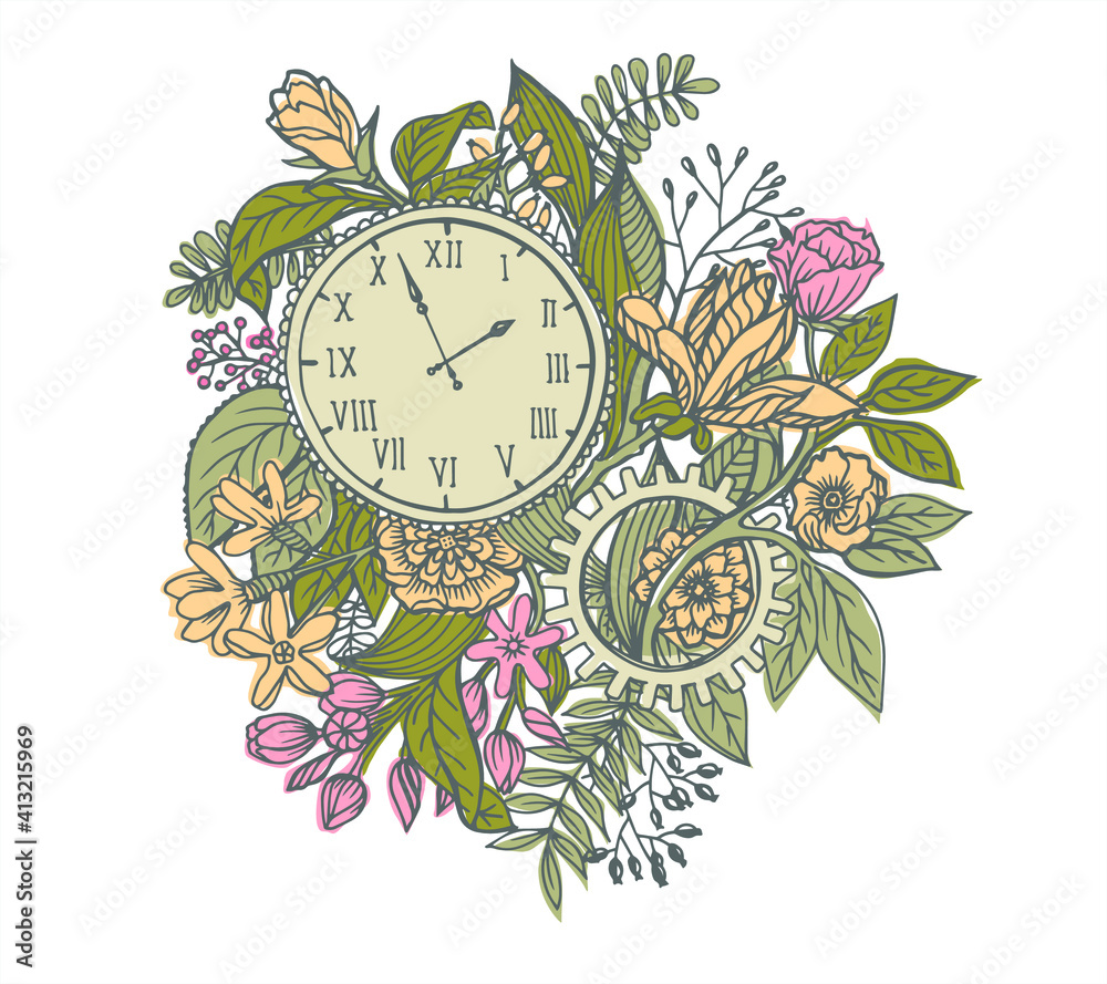 Vektorová grafika „Time passes and nature lives on. Hand drawn retro ...