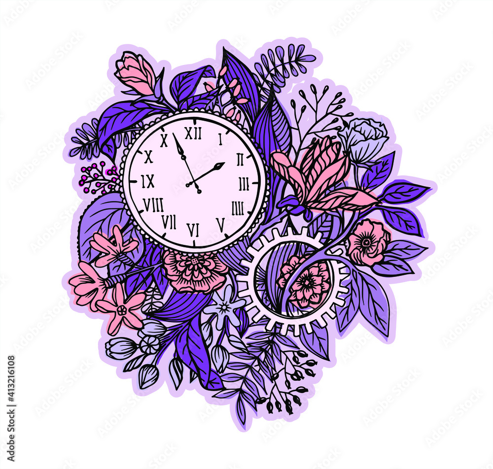 Time passes and nature lives on. Hand drawn retro clock in branches of ...