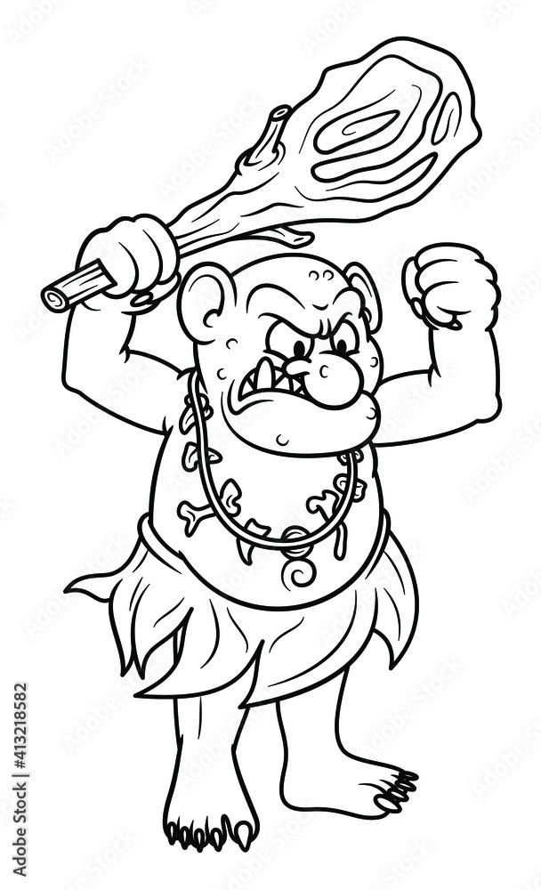 Line art illustration of angry fantasy ogre with a stick club in ...